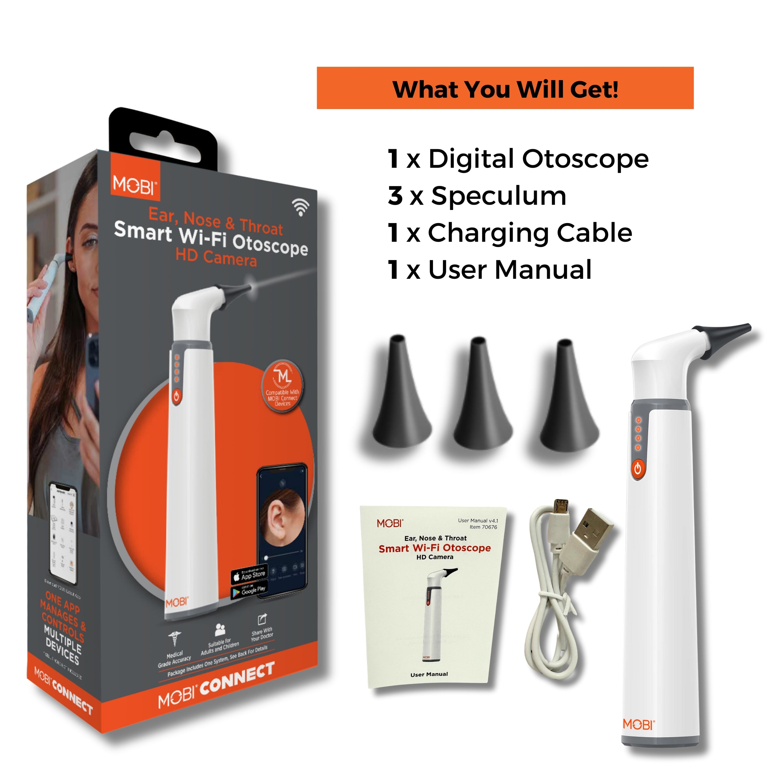 MOBI CONNECT Wi-Fi Otoscope for Ears, Nose & Throat - 1080P HD Lens,